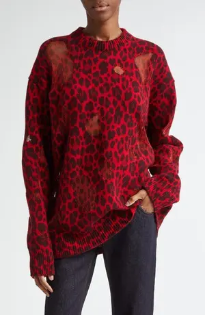 Versace Leopard Jacquard Distressed Virgin Wool Blend Sweater