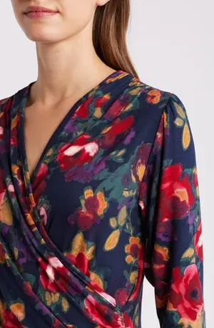 Loveappella Floral-print Faux-wrap Top - Blue Multi