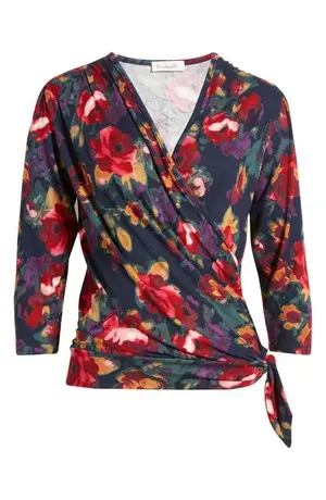 Loveappella Floral-print Faux-wrap Top - Blue Multi
