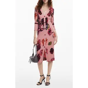 Desigual Floral Print Ribbed Sweater Dress - Pink/red