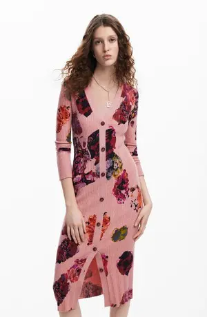 Desigual Floral Print Ribbed Sweater Dress