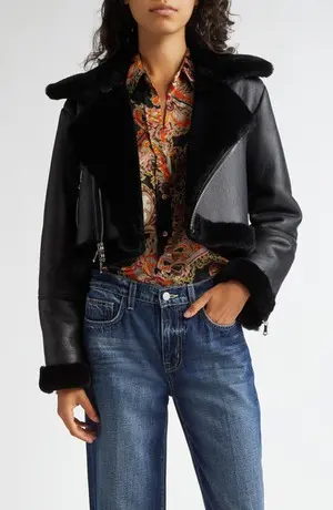 L'Agence Leather & Shearling Moto Jacket - Black