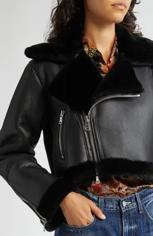L'Agence Leather & Shearling Moto Jacket - Black