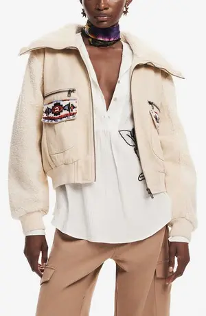 Desigual Faux Shearling Crop Bomber Jacket