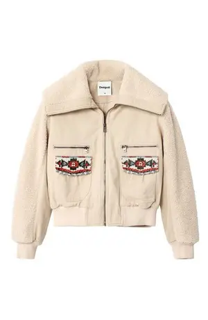 Desigual Faux Shearling Crop Bomber Jacket