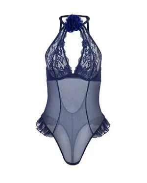 ADORE ME Toni Sheer Lace Bodysuit With Plunge Neck - Dark Blue