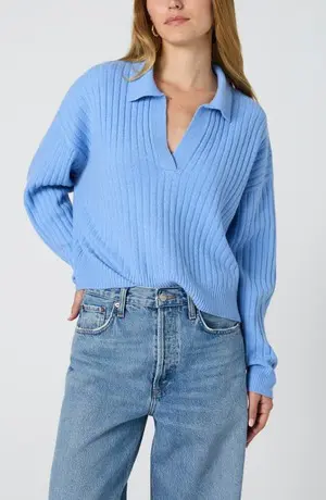 French Connection Vhari Rib Johnny Collar Sweater - Dusted Blue