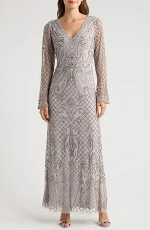 Pisarro Nights Beaded Long Sleeve Gown - Silver 040