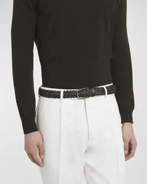 Zegna Braided Leather Vendome-buckle Belt - Dkbrwn