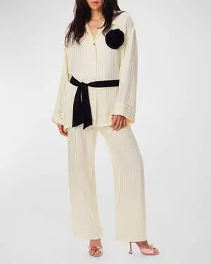 Sleeper The Rose Oversized Striped Satin Pajama Set - Cream