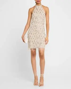 halter sequin fringe mini dress Emporio Armani Sequins Fringe Halter Mini Layered Dress Black