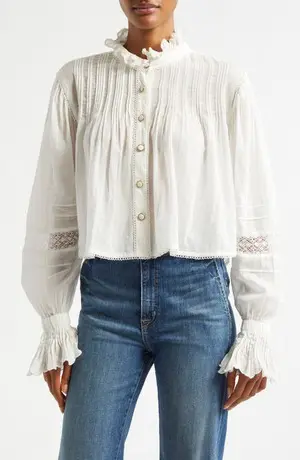 Farm Rio Pleated Lace Trim Button Up Top