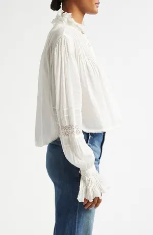 Farm Rio Pleated Lace Trim Button Up Top