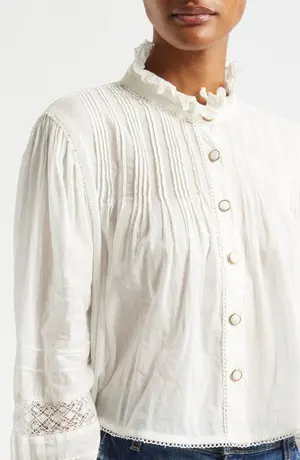 Farm Rio Pleated Lace Trim Button Up Top