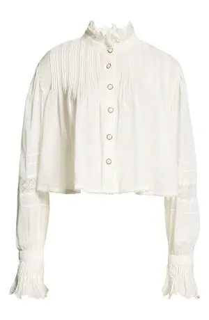 Farm Rio Pleated Lace Trim Button Up Top