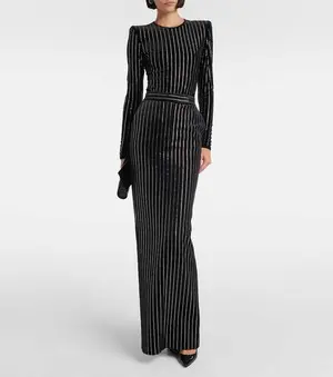 Alex Perry Column Embellished Pinstripe Velvet Maxi Skirt