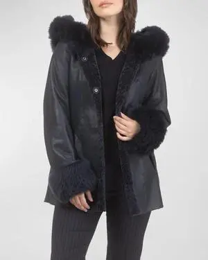 Gorski Belted Lamb Shearling Reversible Parka - Navy