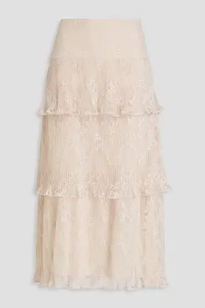 Zimmermann Tiered Pleated Lace Midi Skirt