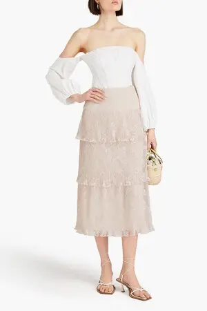 Zimmermann Tiered Pleated Lace Midi Skirt