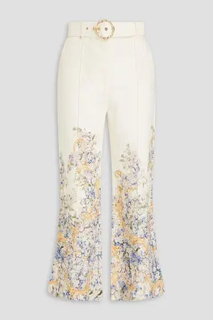 Zimmermann Floral-print Kick-flare Linen Pants With Belt