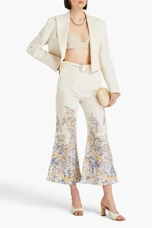 Zimmermann Floral-print Kick-flare Linen Pants With Belt