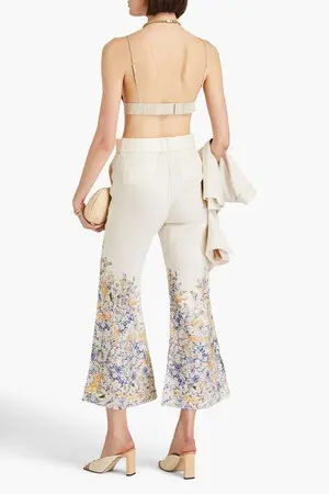 Zimmermann Floral-print Kick-flare Linen Pants With Belt