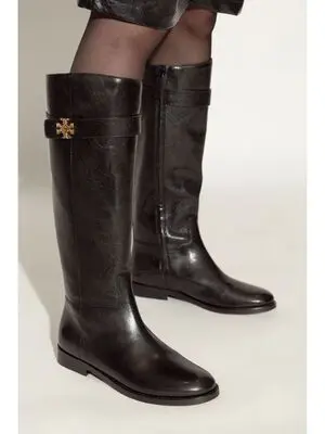 Tory Burch Calf Leather Turnlock Riding Boots - Black