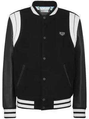 Philipp Plein Leather Sleeve Bomber Jacket - Black