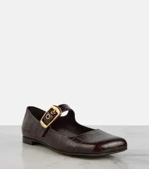 Chloé Polly Croc-effect Leather Mary Jane Flats - Brown