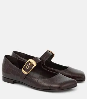 Chloé Polly Croc-effect Leather Mary Jane Flats - Brown