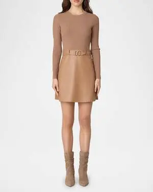 Shoshanna Brayden Ribbed Knit & Faux Leather Mini Dress - Camel |  Editorialist