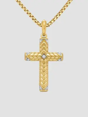 David Yurman Chevron Sculpted Cross Pendant In 18k Yellow Gold With Diamonds, 49mm - Diamond