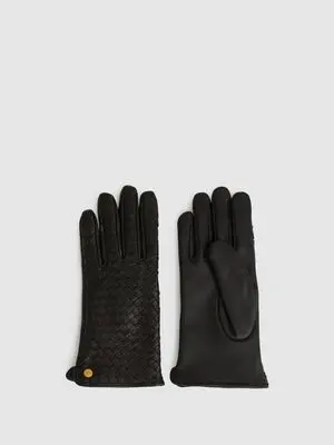 REISS Giana Woven Leather Gloves - Black
