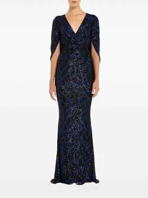 Talbot Runhof Shawl Sleeved Sequin Gown