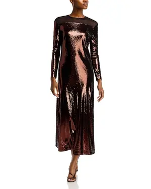Misook Sequined Long Sleeve Dress - Mahogany