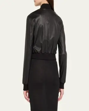 SUSAN BENDER Stretch Lambskin Leather Bomber Jacket