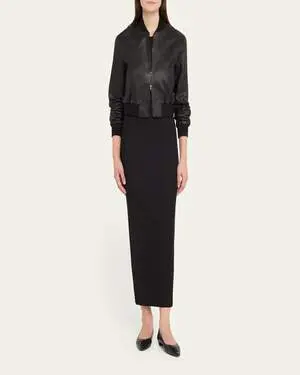 SUSAN BENDER Stretch Lambskin Leather Bomber Jacket
