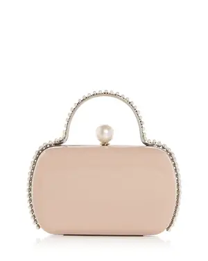 Aqua Imitation Pearl Trim Minaudiere Box Clutch Nude
