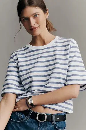 Maeve The Corey Short-sleeve Boxy Tee - Ivory Blue Stripe