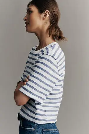 Maeve The Corey Short-sleeve Boxy Tee - Ivory Blue Stripe