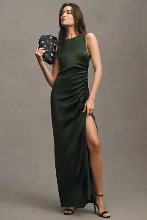 Bhldn Emma High-neck Satin Maxi Gown - Forest Green