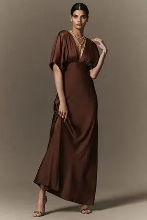 Bhldn Amelia Deep-v Flutter-sleeve Satin A-line Gown - Chocolate