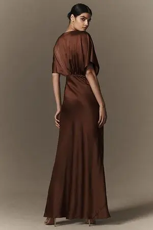 Bhldn Amelia Deep-v Flutter-sleeve Satin A-line Gown - Chocolate