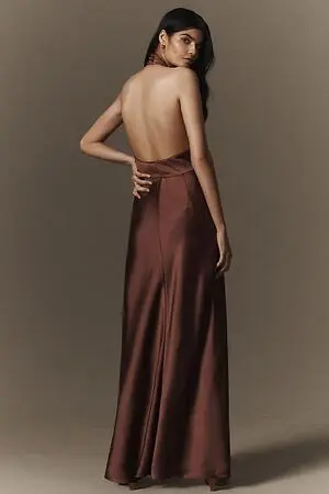 Bhldn Selma Halter-neck Satin Maxi Dress - Chocolate