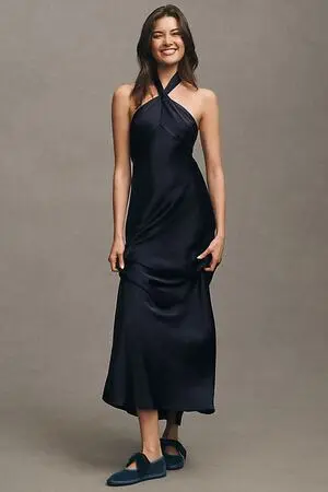 Bhldn Selma Halter-neck Satin Maxi Dress - Dark Navy