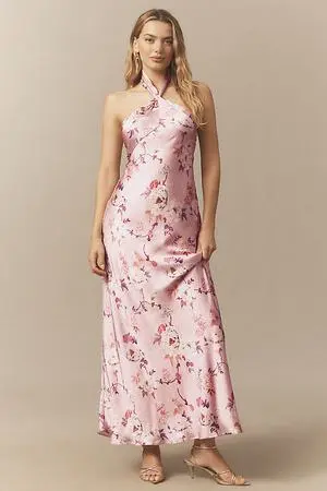 Bhldn Selma Halter-Neck Satin Maxi Dress - Light Blush Pink Peonybouquet