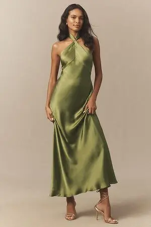 Bhldn Selma Halter-neck Satin Maxi Dress - Olive Green