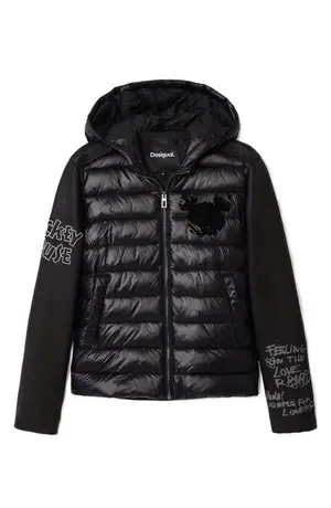 Desigual Mickey Mouse Mixed Media Puffer Coat