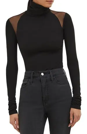 MARCELLA Maria Mesh Panel Jersey Turtleneck Top - Black