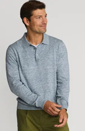 LANDS' END Long Sleeve Cotton Sweater Polo Ash Blue Heather